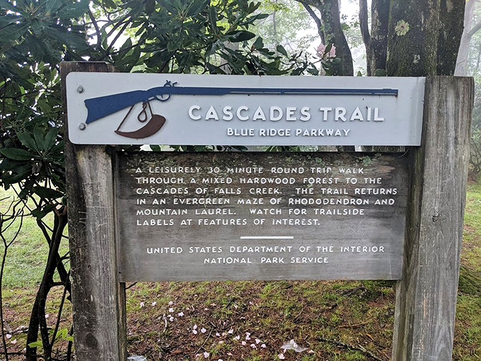 The Cascades Trail sign promises the hiking equivalent of comfort food&mdash;a gentle forest walk with a waterfall payoff that requires minimal huffing and puffing.