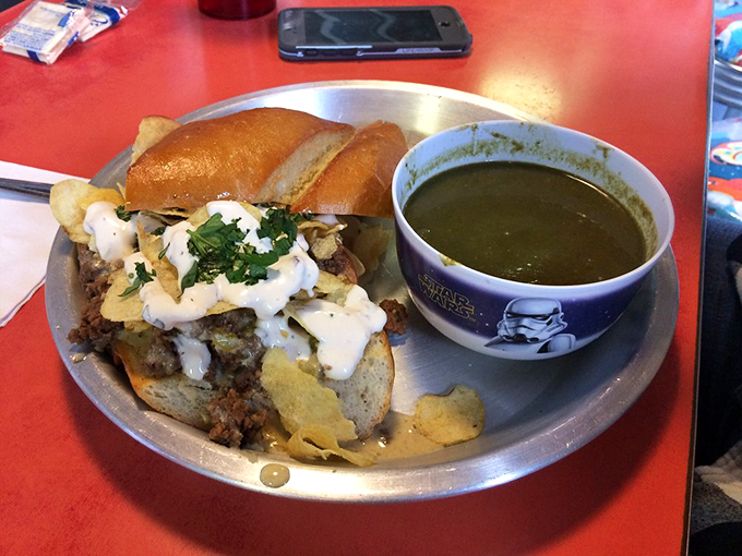 The LT sandwich and soup combo: proof that ground beef and green chile queso were destined to meet, like Han and Leia but with more chipotle cream.