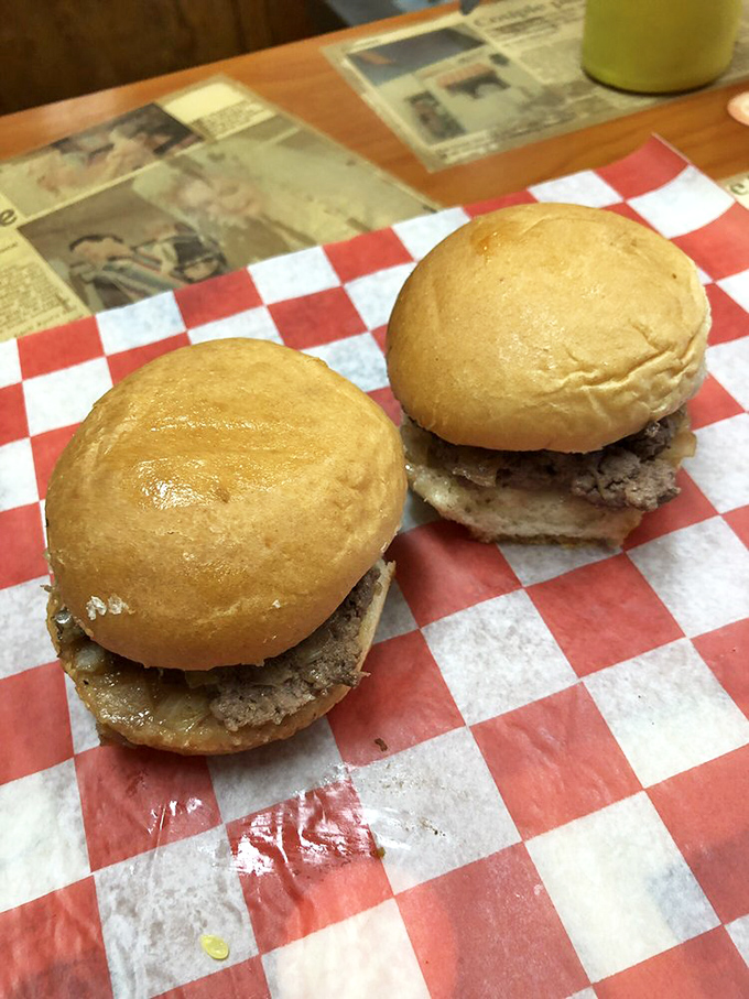 Two sliders, infinite satisfaction. These red-and-white checkered beauties are Kansas' answer to White Castle, only better.