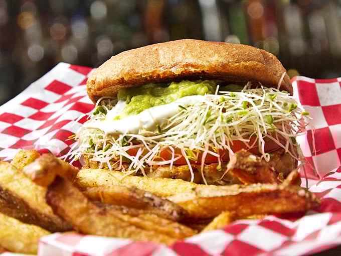 Fresh sprouts and vibrant veggies transform this meatless wonder into something carnivores might eye with unexpected envy. Plant-based never looked so tempting.