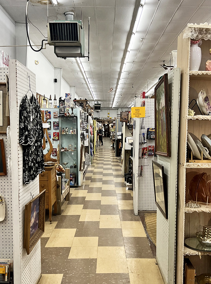 These checkerboard floors have guided countless treasure hunters through a labyrinth of memories, each booth a new chapter in nostalgia.
