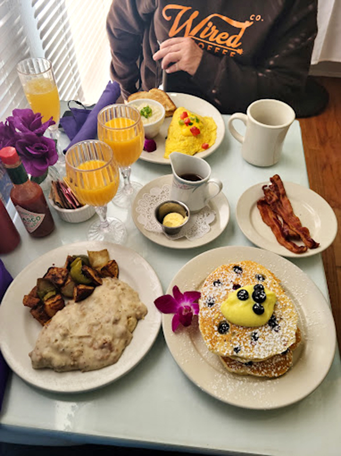 Breakfast spread so photogenic it should have its own Instagram account. That pancake is wearing blueberries better than most wear designer clothes.