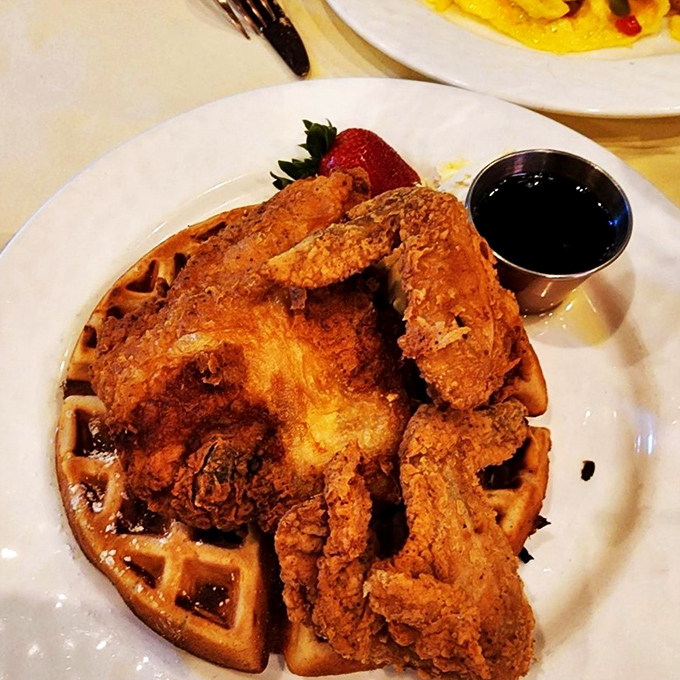 Chicken and waffles: the relationship that shouldn't work but absolutely does, like peanut butter and jelly or Mick and Keith.
