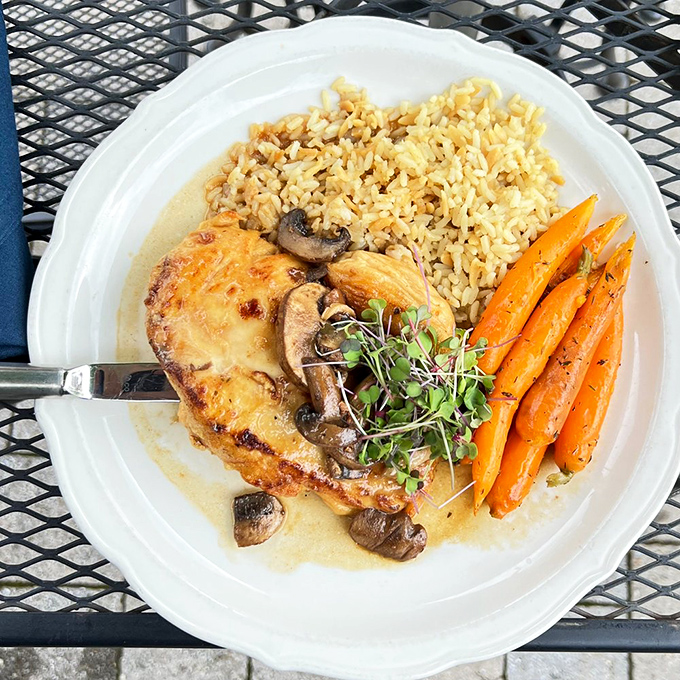 Comfort food gets its PhD&mdash;tender chicken breast bathed in mushroom sauce alongside perfectly roasted carrots and rice that's actually worth eating.