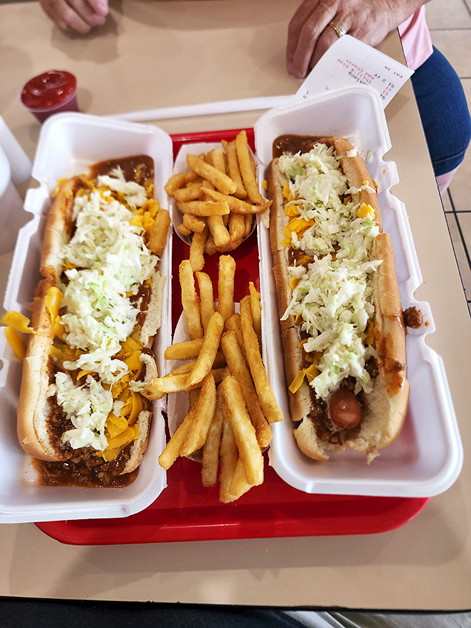 The holy trinity of roadside dining: two perfectly dressed chili dogs flanking a golden pile of french fries. This tray has launched a thousand detours.