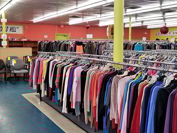 The rainbow of possibilities hanging neatly in rows. Each garment represents both fashion history and someone's future "Where did you get that?" moment.