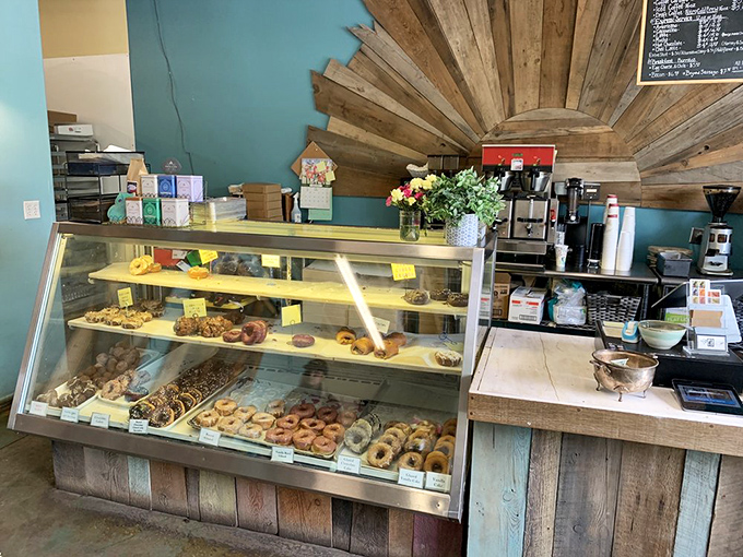Coffee station artistry with that stunning sunburst wood pattern. Even the caffeine delivery system here is a work of southwestern craftsmanship.