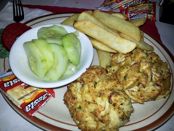 The cucumber slices aren't just garnish&mdash;they're palate cleansers between bites of these magnificent crab cakes. Strategic eating at its finest.