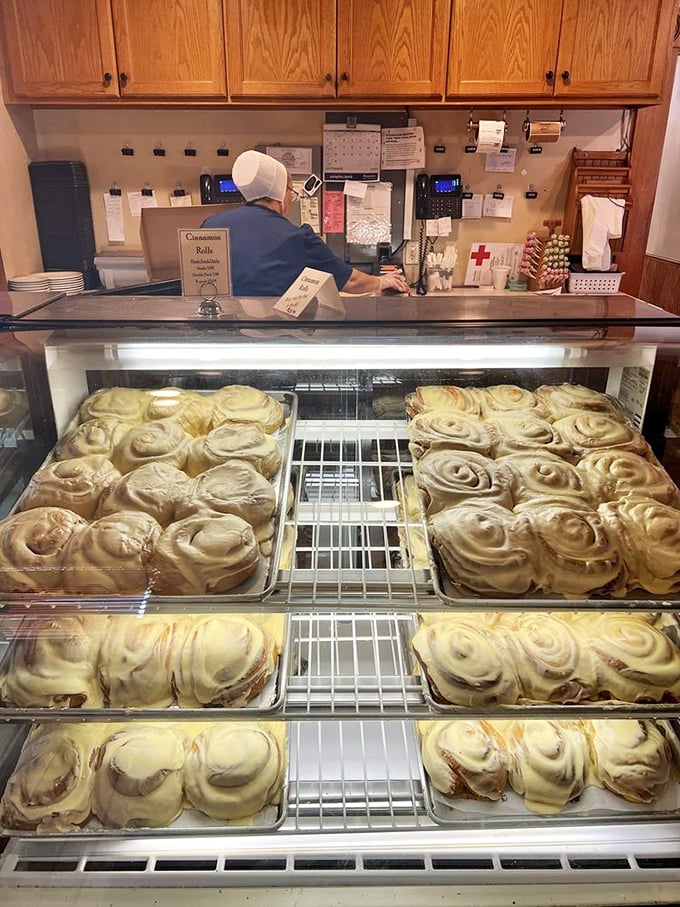 Behind this glass lies a kingdom of cinnamon and sugar. The staff keeps making them because they know what's good for humanity.