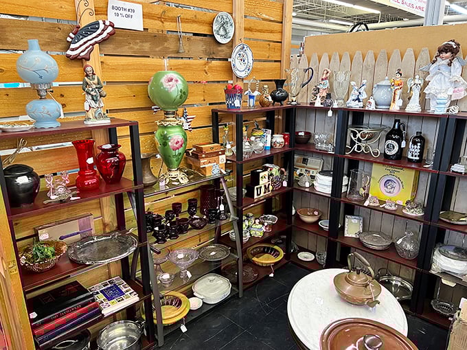 Porcelain figurines and vintage glassware stand at attention, silently whispering tales of dinner parties and special occasions from decades past.