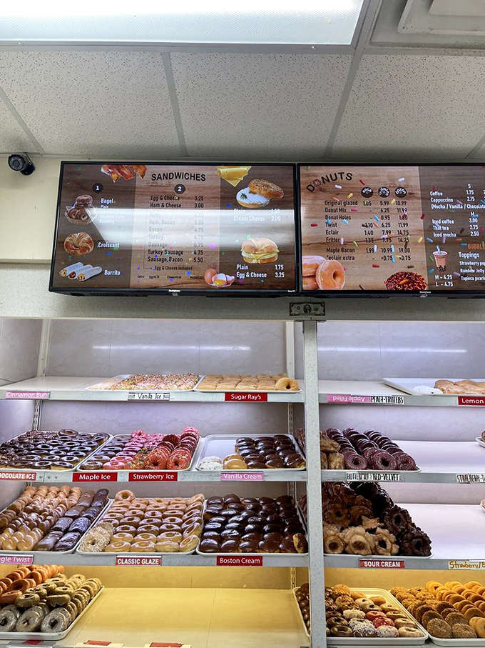 These aren't just donuts. They're an edible color wheel of possibilities, arranged with the precision of a culinary Tetris game.