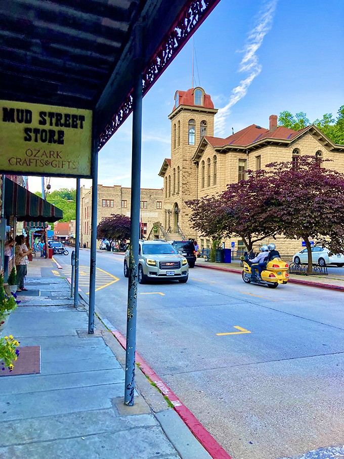 Mud Street Store stands watch over Eureka Springs' historic district, where Victorian architecture and modern motorcycles create a delightful time-travel paradox.