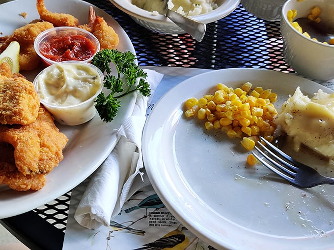 The holy trinity of Midwest dining: perfectly fried seafood, tangy tartar sauce, and lemon wedges that aren't just garnish but necessity.