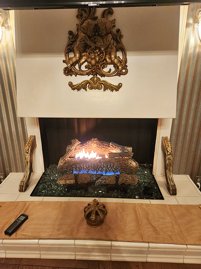 A fireplace fit for Hogwarts, where dancing flames create the perfect ambiance for storytelling on chilly mountain evenings.