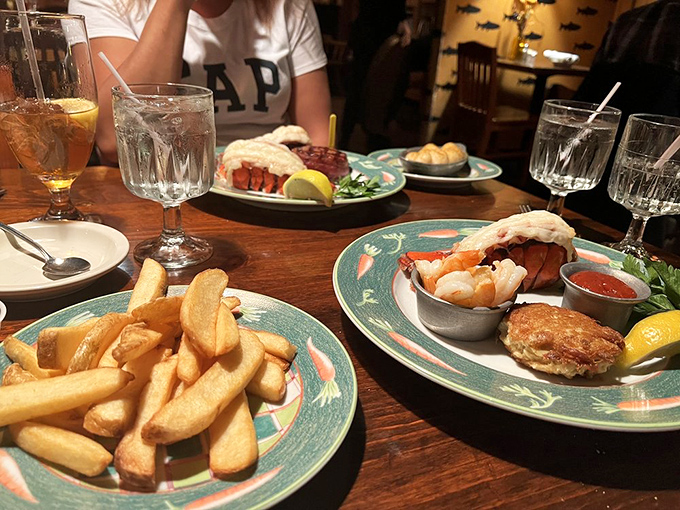 French fries that could make a potato proud sharing the table with seafood that was swimming yesterday. This is what vacation tastes like, even on a Tuesday.