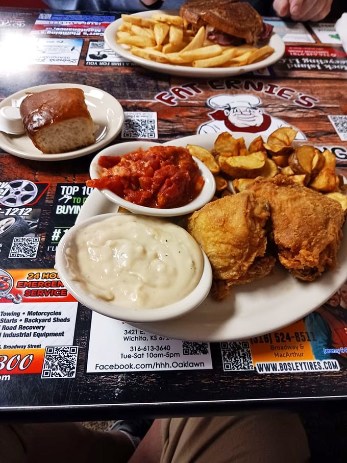 A plate that answers the eternal question: "What does happiness look like?" Crispy chicken, creamy mashed potatoes, and that gravy deserves its own zip code.