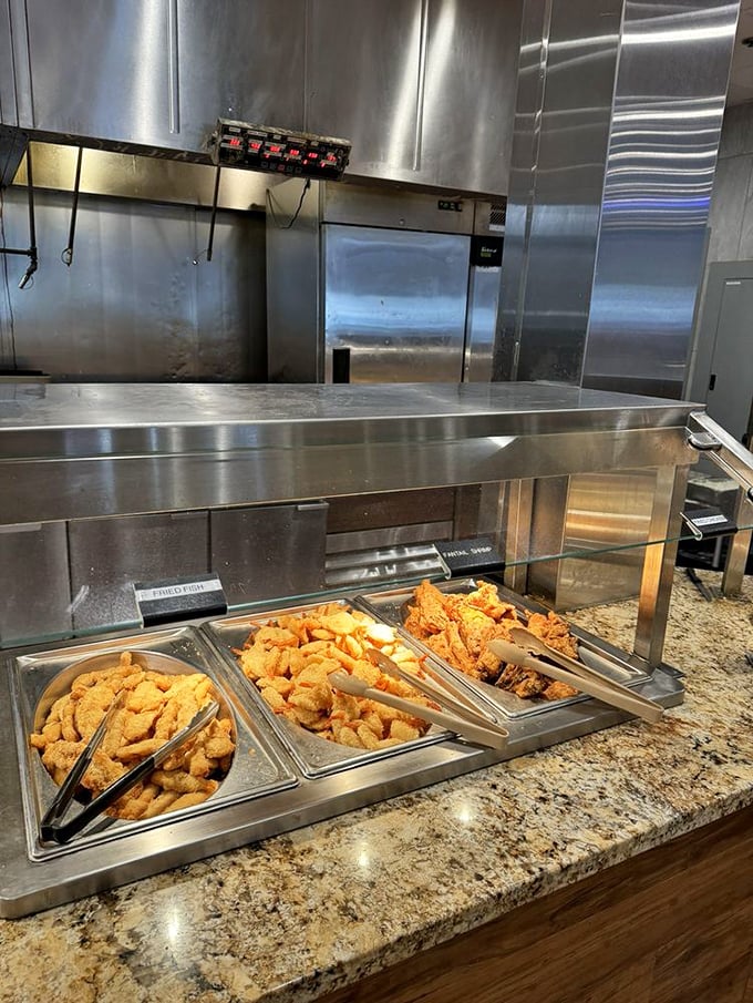 Golden-fried treasures from the sea await your selection, proving that sometimes the best things in life are battered and crispy.