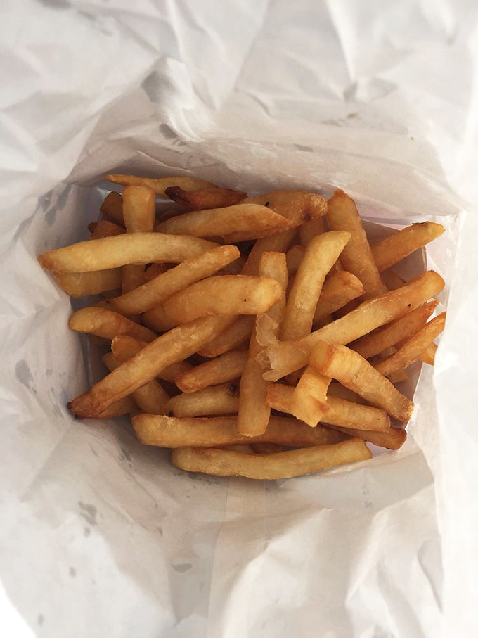 Golden, crispy fries nestled in wax paper—the perfect supporting cast member that occasionally steals the scene from the headlining hot dog.