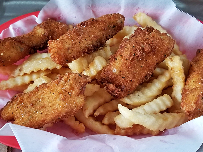 Golden, crispy treasures nestled beside what appears to be breaded miracles – the ideal supporting cast for your sandwich experience.