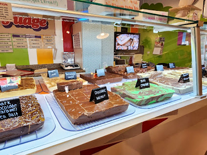 Fudge, glorious fudge! Slabs of happiness lined up like delicious dominoes, each one threatening your best intentions.