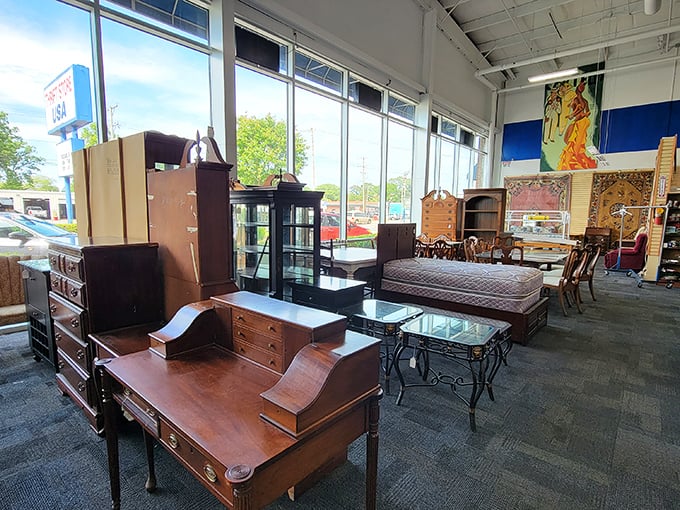 Wooden desks and display cabinets huddle together like old friends at a reunion, each with character lines earned through decades of use.