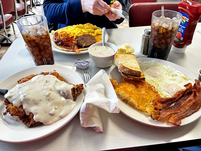 Breakfast platters that could feed a small army&mdash;where gravy-smothered country fried steak meets eggs and toast in a morning symphony that hits all the right notes.