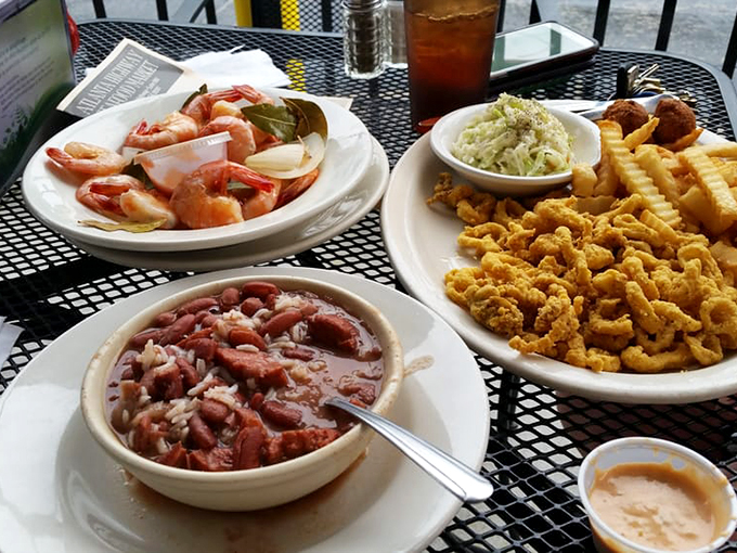 A seafood spread that would make Poseidon himself abandon his underwater palace&mdash;fried delights, fresh shrimp, and red beans that sing with flavor.