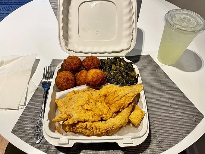 Behold the seafood dinner that launched a thousand return visits &ndash; cornmeal-crusted fish, perfectly fried hush puppies, and greens that mean business.