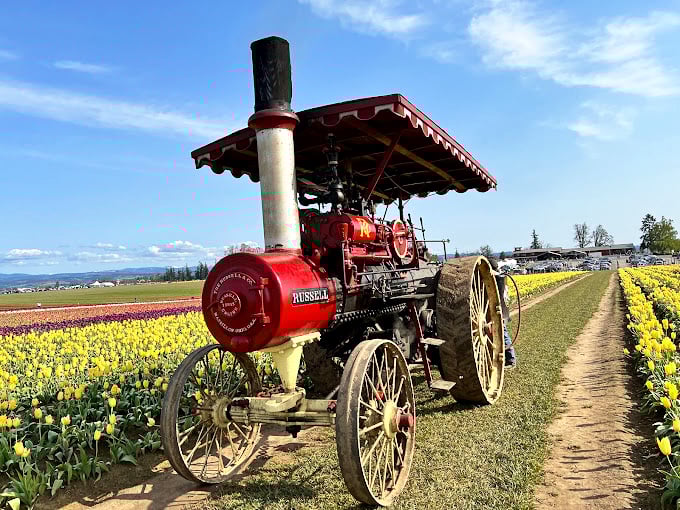 This magnificent Russell steam tractor looks like it rolled straight out of a steampunk novel into a flower-filled paradise.
