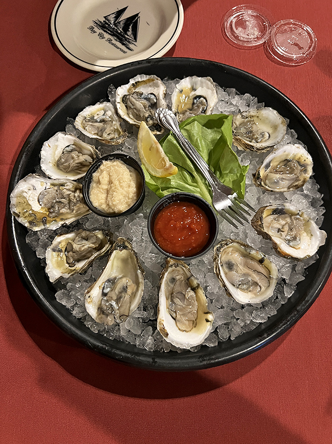These oysters aren't just served; they're presented on a throne of ice with the dignity they deserve, awaiting their lemon-squeeze coronation.