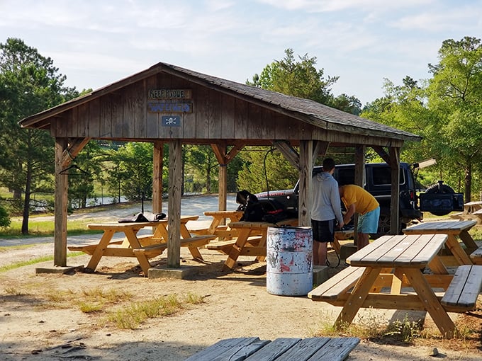 Rustic relaxation station. This shaded picnic area offers the perfect respite between aquatic adventures, where hungry explorers refuel before returning to the floating fun.