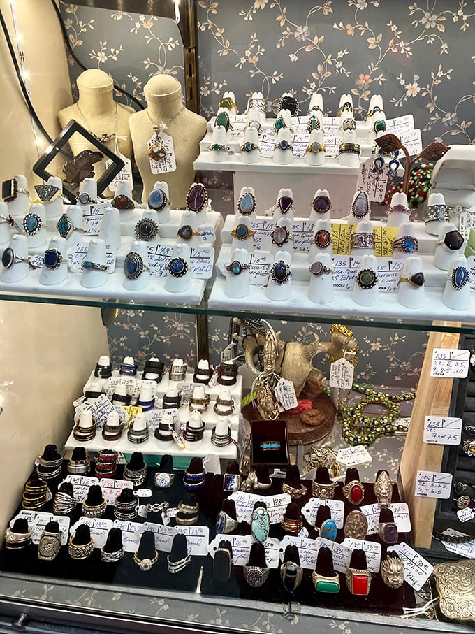 A kaleidoscope of gemstones and settings awaits in the jewelry cases, where someone's once-treasured rings find new fingers to adorn.