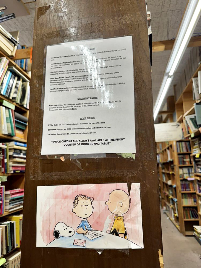 Even in this literary labyrinth, organization prevails. The Dewey Decimal System meets treasure map, with Charlie Brown offering moral support below.