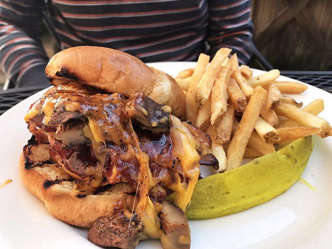 This sandwich isn't messing around &ndash; layers of savory goodness stacked higher than your weekend to-do list, with fries that demand attention.