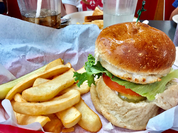 Lunch isn't just a prelude to pie at Mrs. Wick's. This perfectly stacked sandwich with golden fries proves they take all meals seriously.