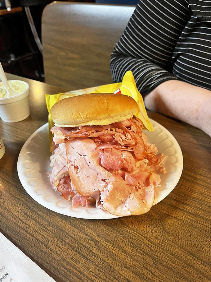 This ham sandwich isn't trying to impress anyone with fancy garnishes, yet somehow it's more impressive than most. Simplicity elevated to an art form on a paper plate.