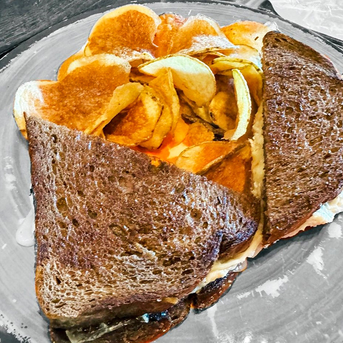 Sandwich architecture at its finest! This creation, stuffed with chips for extra crunch, is what happens when comfort food gets a PhD.