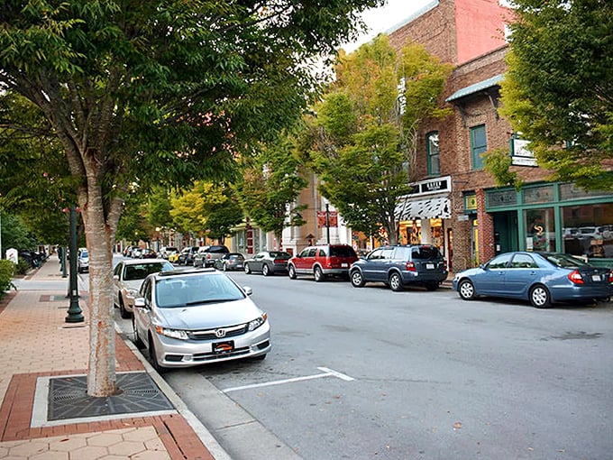 The downtown district pulses with local life, where cars line up like eager visitors waiting to discover what's behind those brick facades.