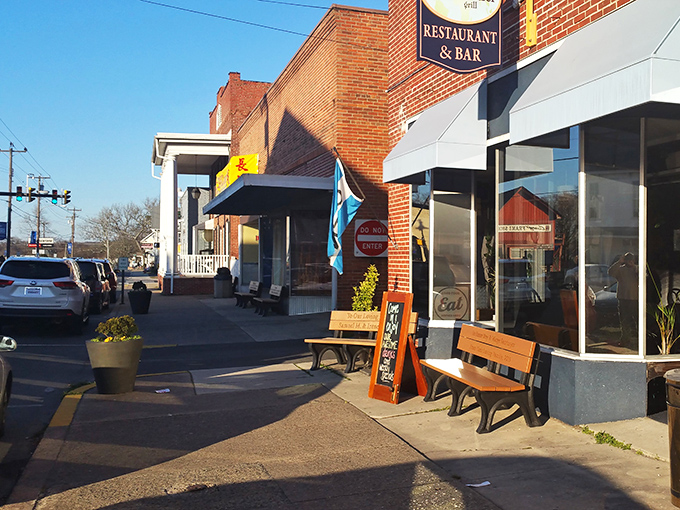 Sidewalk benches invite passersby to slow down and stay awhile outside local eateries. In Millsboro, lunch comes with a side of community.