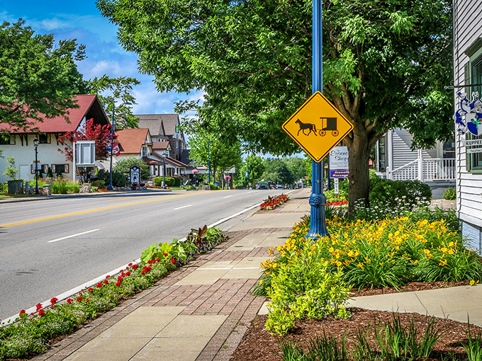 Even the sidewalks in Frankenmuth tell a story. That horse-and-buggy sign isn't ironic hipster decor&mdash;it's an actual traffic warning in this charmingly anachronistic town.