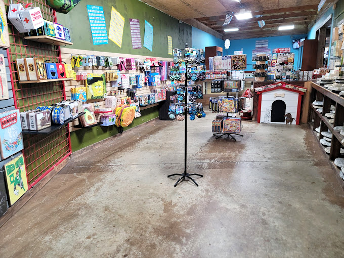 From quirky pet accessories to Route 66 memorabilia, the souvenir section offers something for everyone. The concrete floors and blue walls create a distinctly Ozark shopping experience.