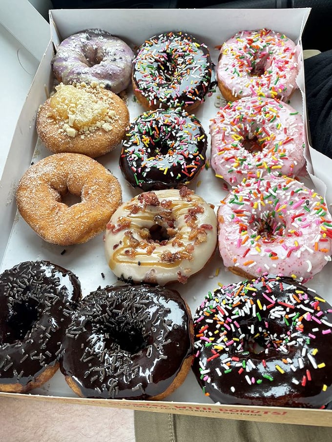 Sprinkles, chocolate drizzles, and everything nice. These donuts look like they're dressed for the most delicious carnival you've ever attended.