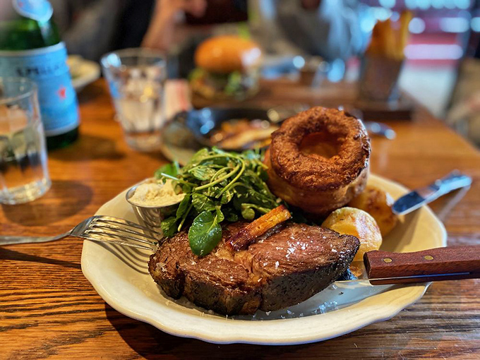 Sunday roast done right&mdash;a perfectly pink slab of beef, Yorkshire pudding standing tall like a proud British monument, and vegetables that didn't suffer the boiling fate of old English cuisine.