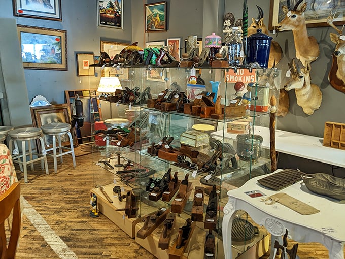 Tools that built America now displayed like industrial sculpture—each plane, saw and level representing craftsmanship from when "built to last" wasn't just marketing.