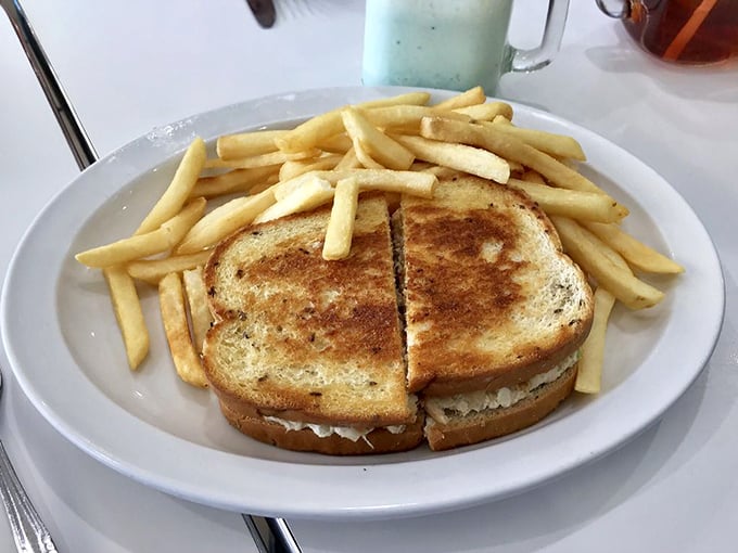 The humble grilled cheese, elevated to art form. Paired with perfectly golden fries, it's childhood comfort wrapped in grown-up satisfaction.