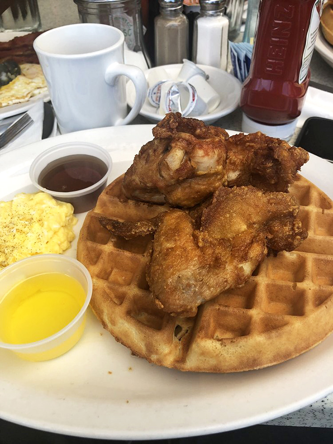 The chicken and waffle relationship &ndash; a marriage of crispy and fluffy that proves opposites really do attract. And those eggs are just happy to be invited.