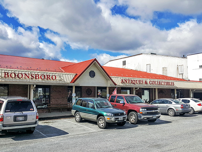 Boonsboro's Auction Square wears its red roof like a crown. This isn't just shopping&mdash;it's a journey through America's attic.