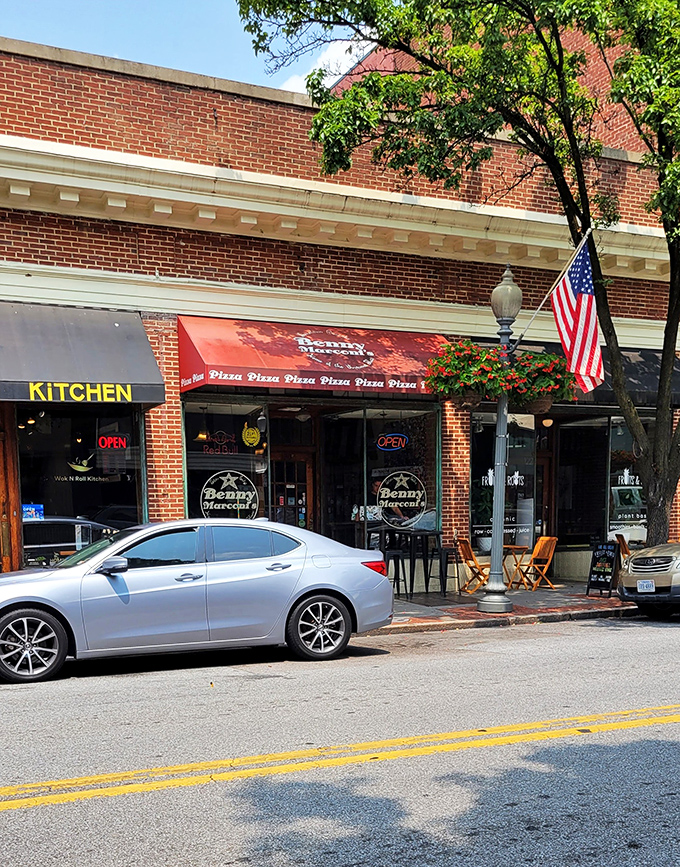Benny Marconi's historic brick building stands proudly on Roanoke's streets, an American flag confirming pizza is indeed patriotic.