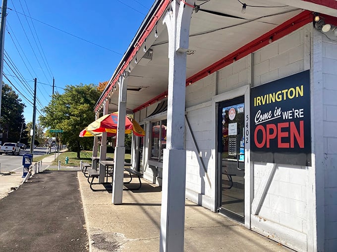 The Chicago skyline silhouette looming large on this sign is your guarantee of authentic Windy City flavors in Hoosier territory.