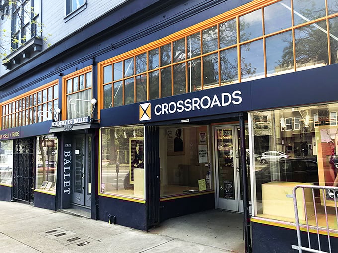 Crossroads Trading's sophisticated navy storefront brings boutique vibes to the secondhand scene in San Francisco's Castro district.